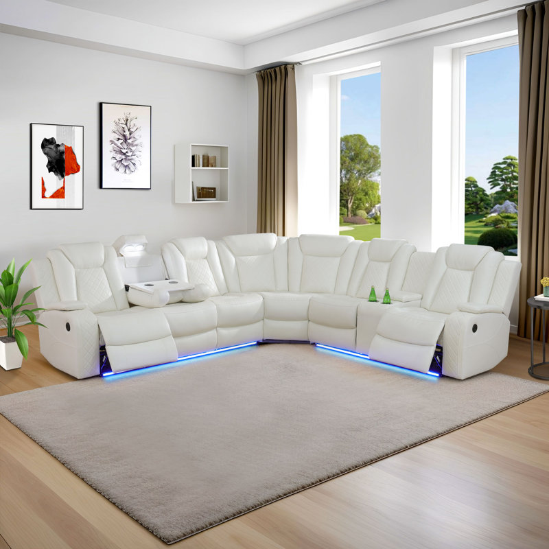 Wrought Studio™ Mahdy Breathing Leather 3-Piece Living Room Recliner Sofa Set, Cream White | Wayfair